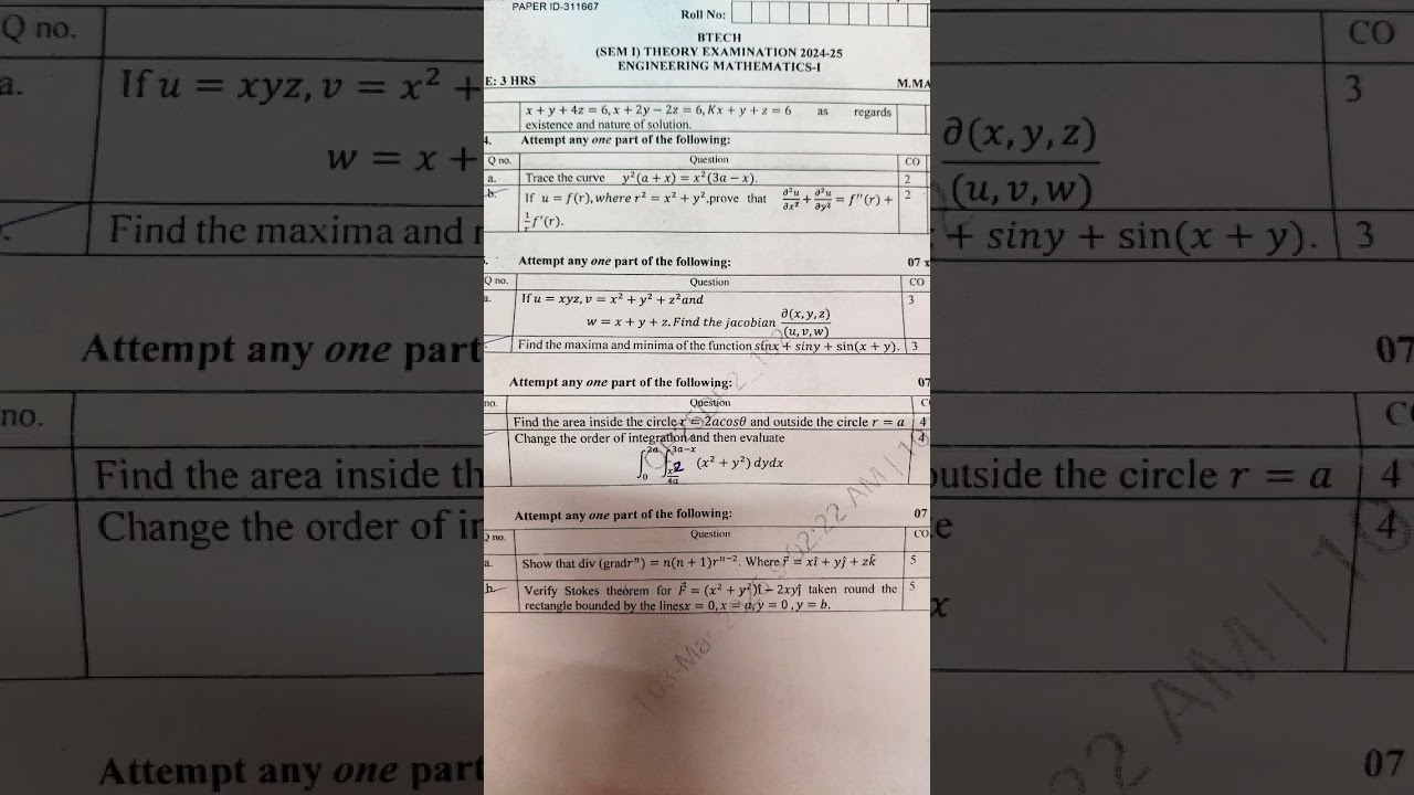 AKTU Btech first semester 2024-2025 mathematics 1 question paper