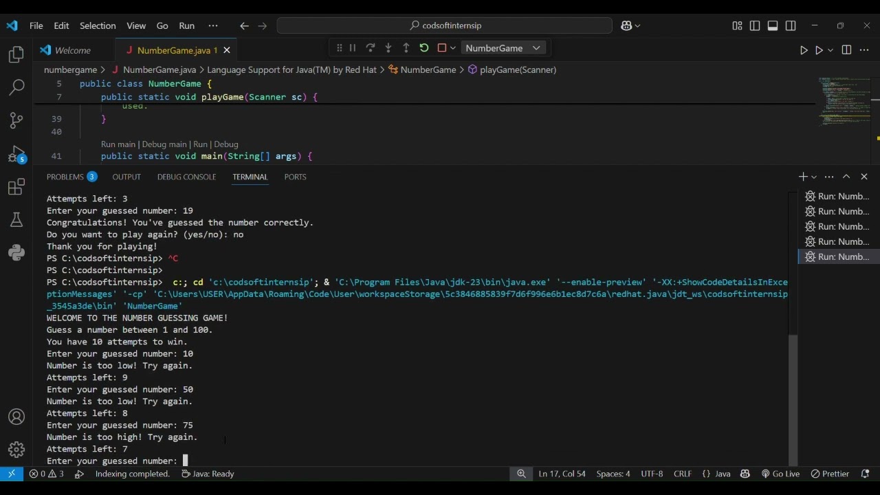 Java Number Guessing Game | CodSoft Internship Task | Beginner Java Project 🚀