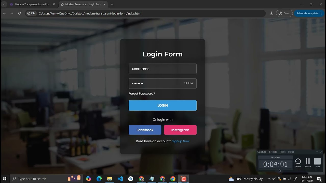 Modern Transparent Login Form Using HTML, CSS and JavaScript with Source Code