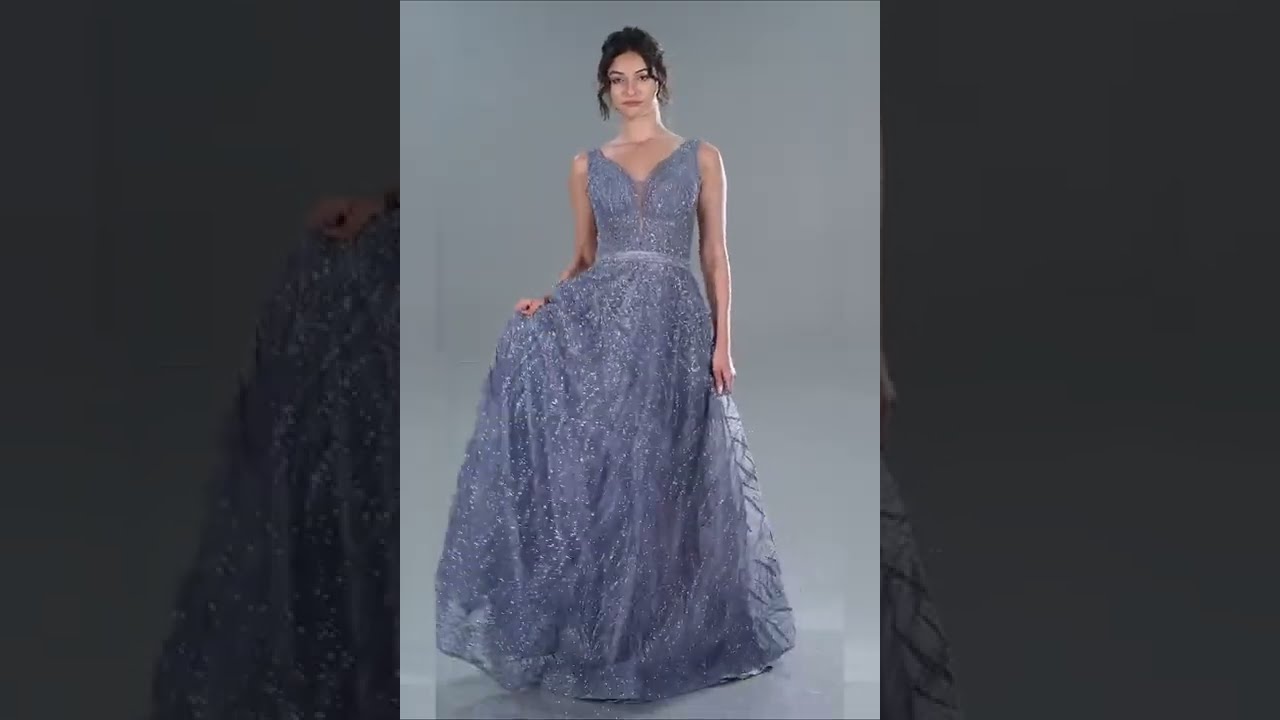 Gri Kolsuz Simli Uzun Abiye Elbise