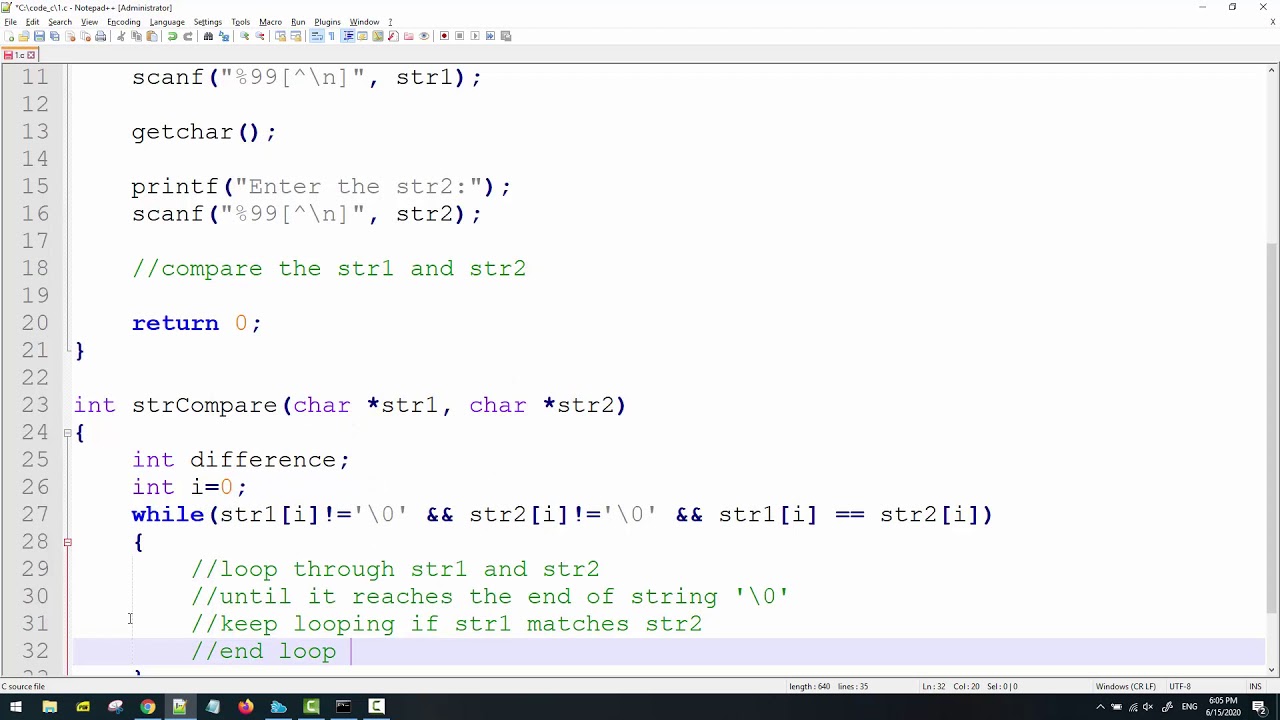 Strings comparing without strcmp function in C Programming Tutorial for Beginners
