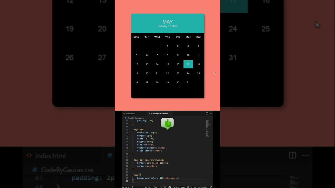 📅 Month Calendar UI using HTML, CSS & JS #webdevelopment #coding #htmlcssjavascript #shorts