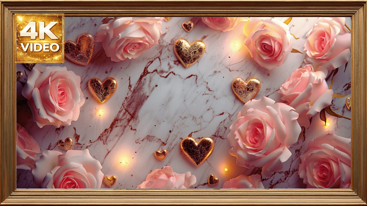 Fondo 4K San Valentín | Rosas y Corazones Dorados Arte Estático 2 Horas