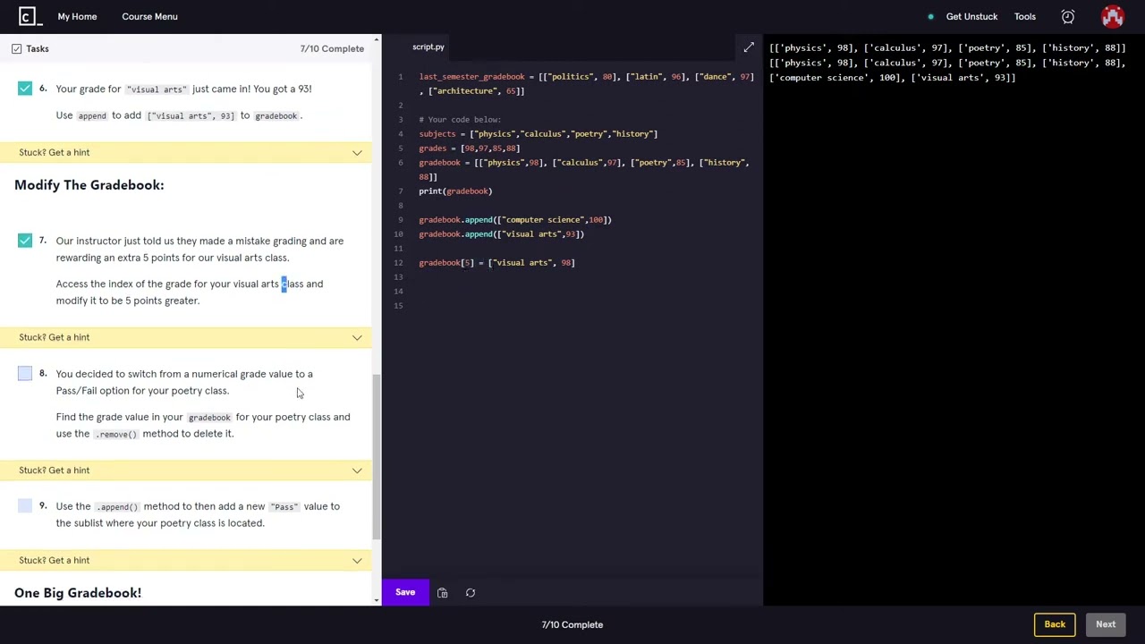 Gradebook Python Project  - Codecademy Python 3