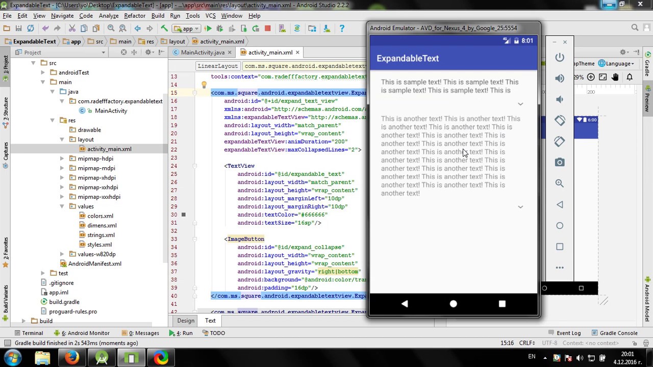 Using ExpandableTextView library in Android Studio
