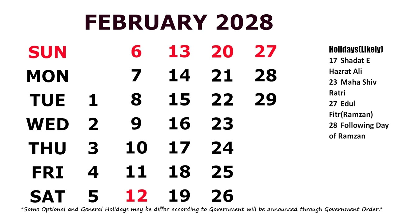 February Calendar 2028