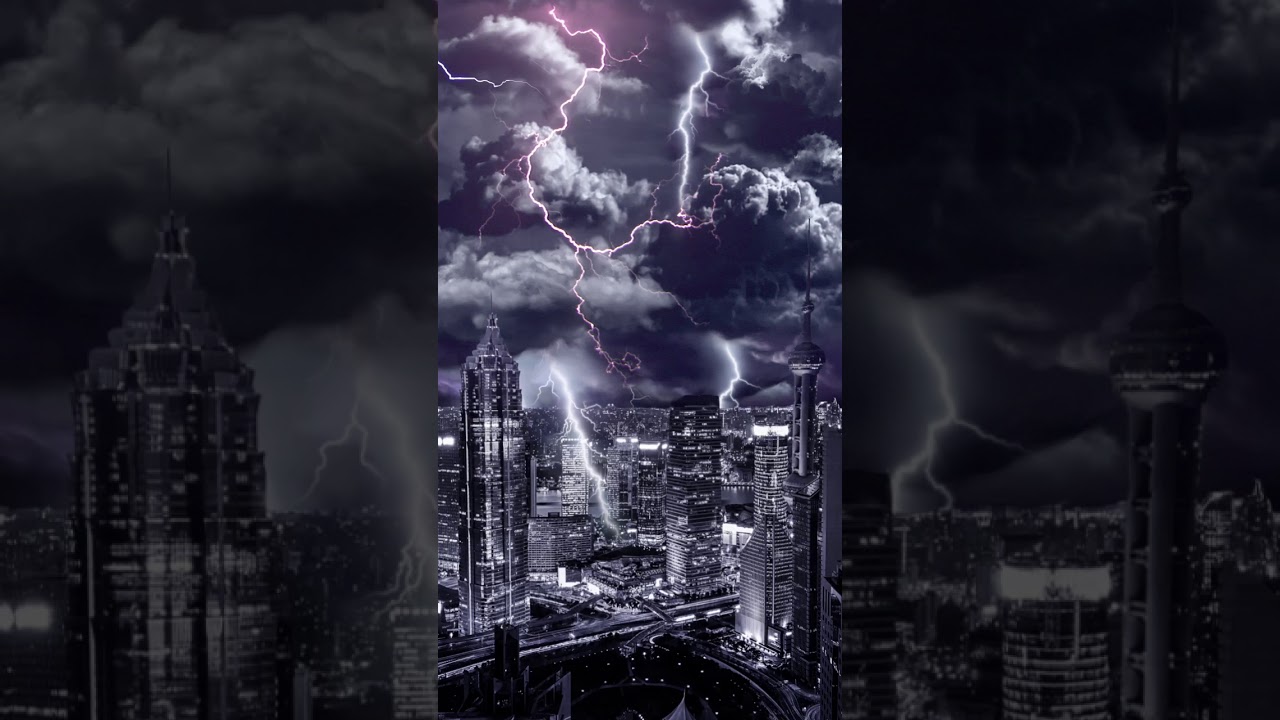 City lightning dark clouds Wallpaper