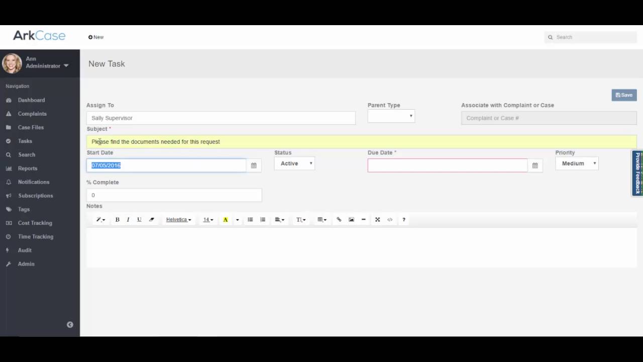 ArkCase - Create a New Task