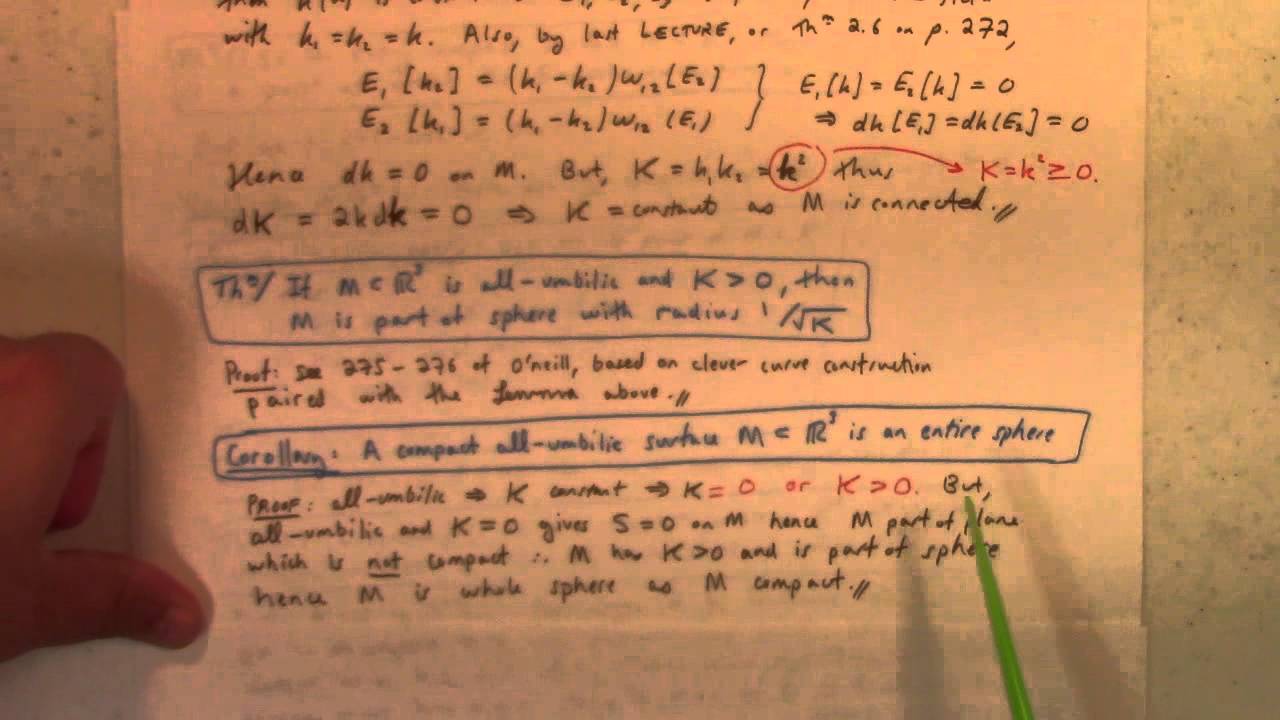 Differential Geometry: Lecture 19: theorems for surfaces