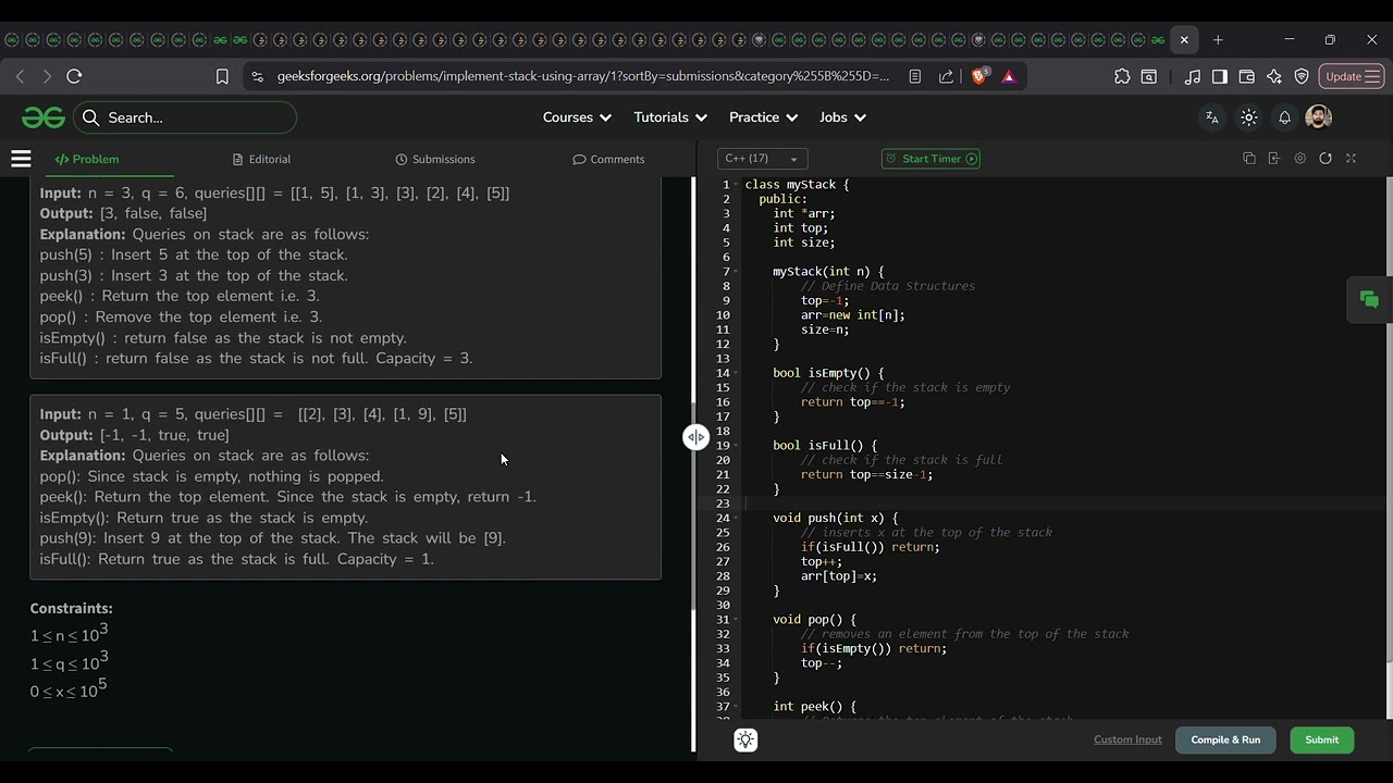 Implement Stack using Array | GFG Solution in C++ | Stack Operations Explained | DSA Medium Problem