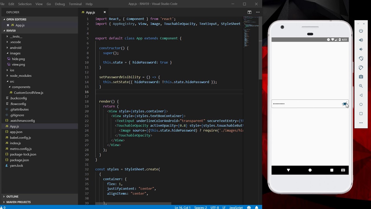 React native dynamically show and hide Password Content Example