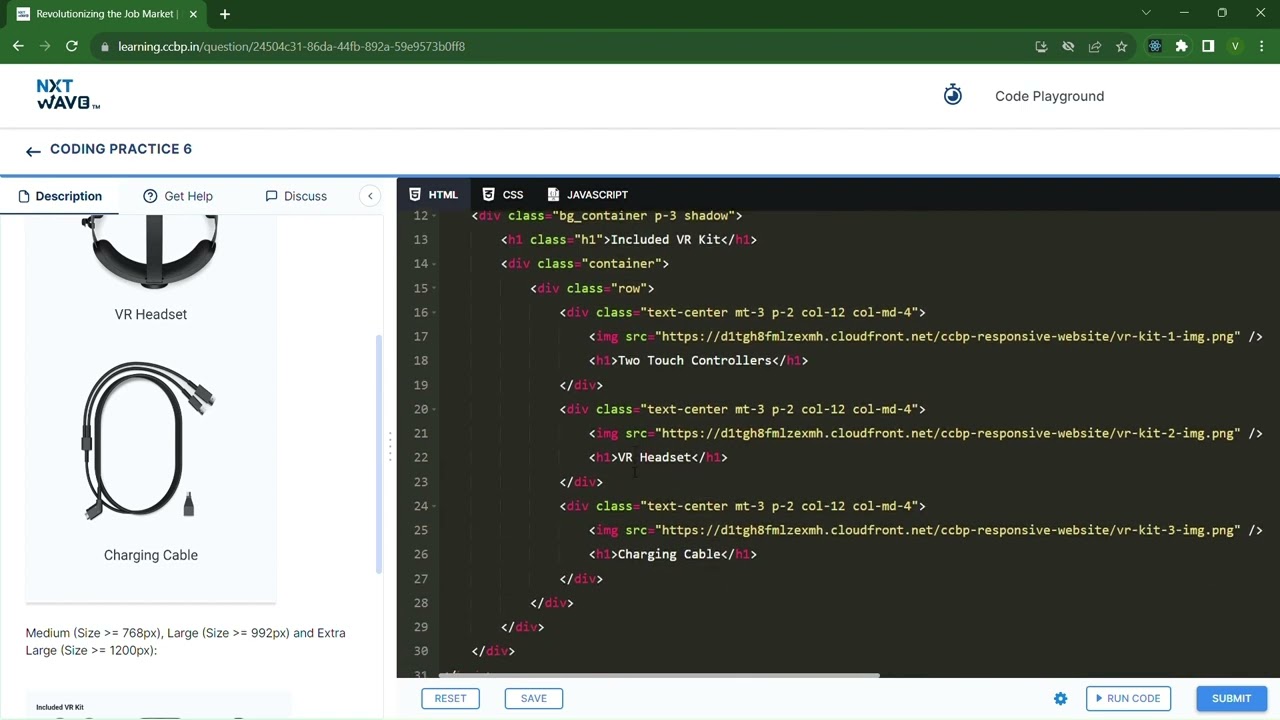 VR Website Kit Section  | Coding Practice 6 | HTML, CSS, Bootstrap | NxtWave | ccbp 4.o