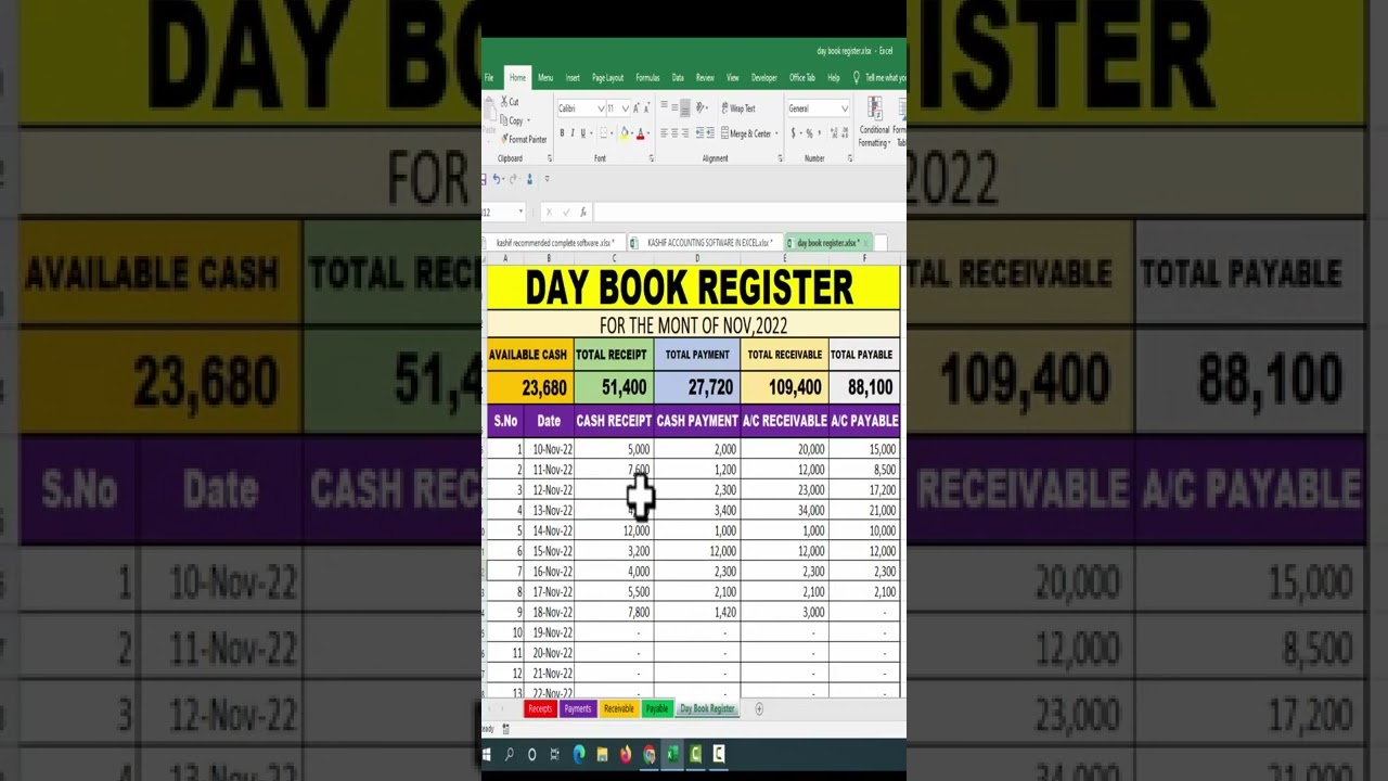 DAY BOOK REGISTER IN EXCEL | ACCOUNTING SOFTWARE