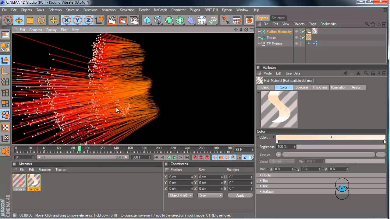 Cinema 4D tutorial: Thinking Particles, Tracer object with Hair Material