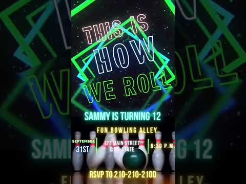 Editable Bowling Video Invitation - save with editable template available only at www.Hostessy.io