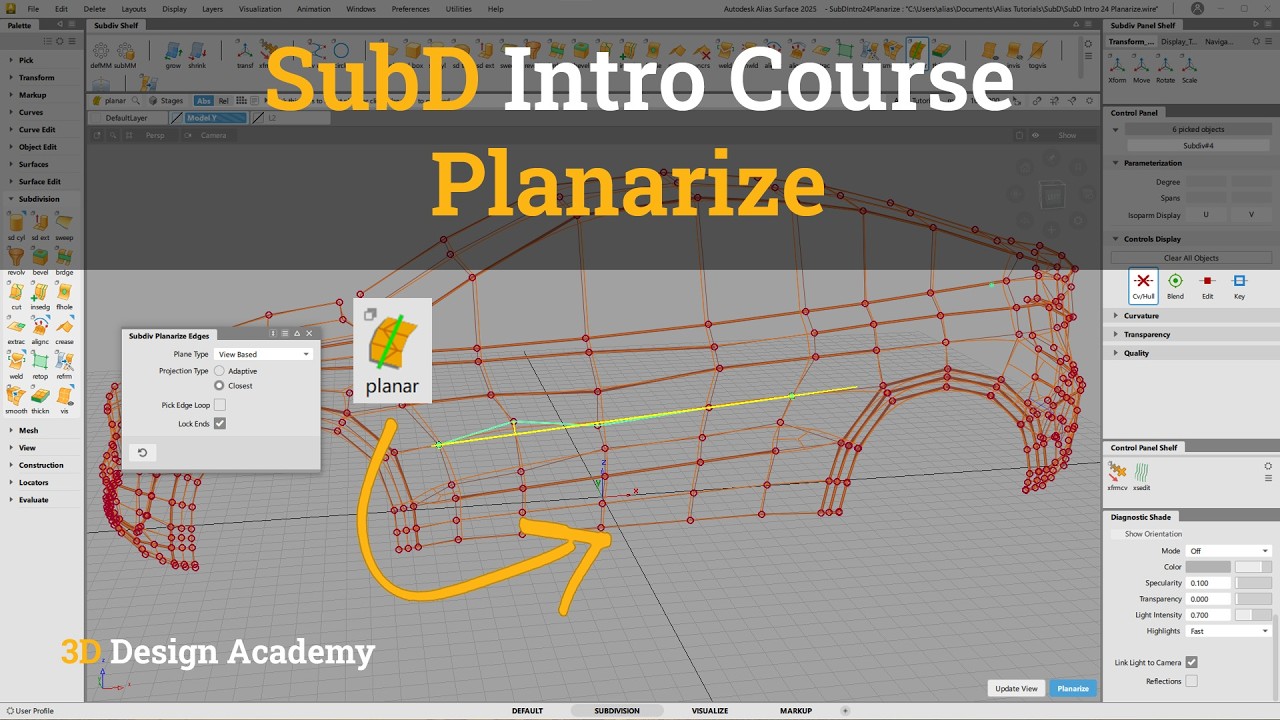 Autodesk Alias Tutorials, SubD Intro 24 - Planarize