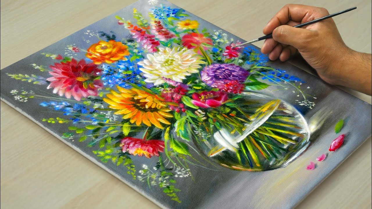 🎨 Painting Colourful Flowers in a Glass Vase / Relaxing Acrylic Still Life Tutorial/ STEP BY STEP #3