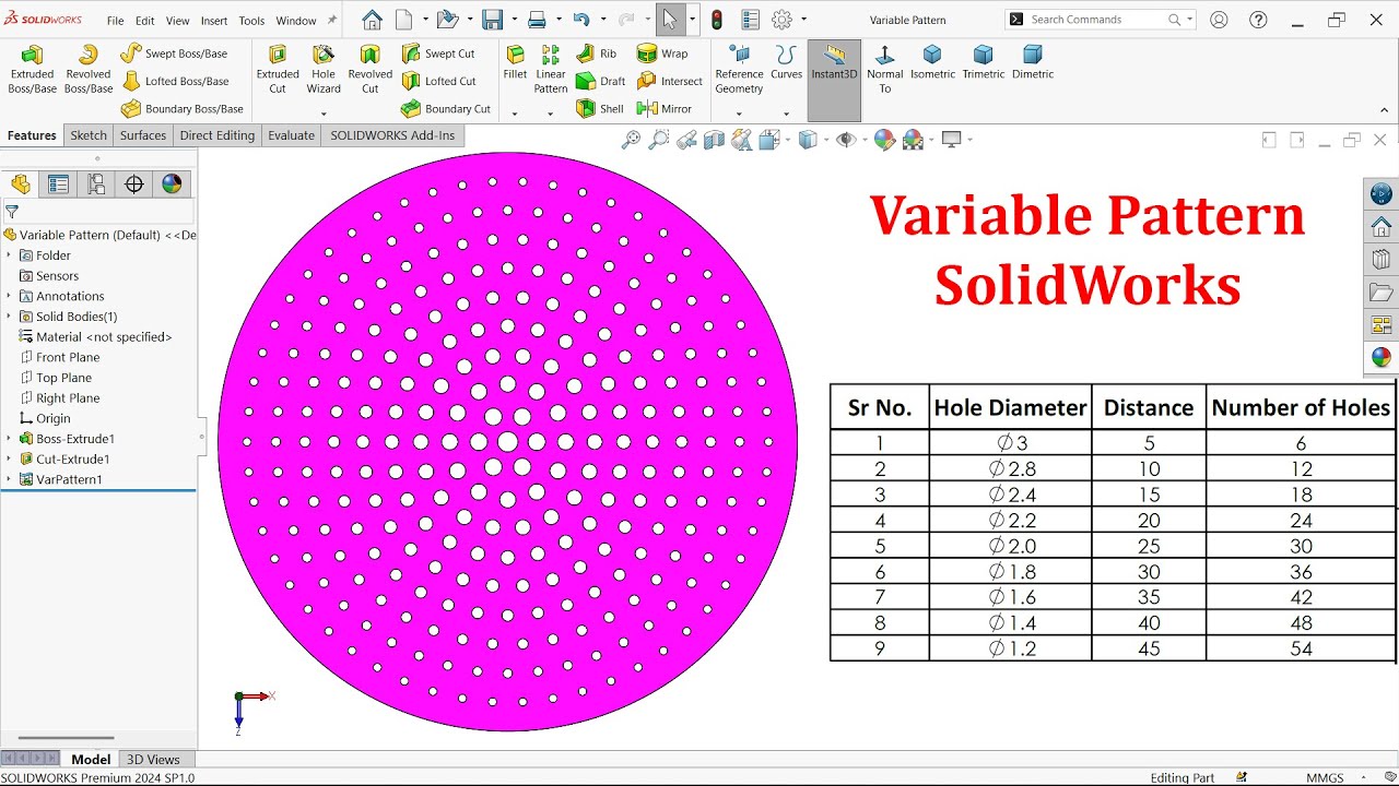 Variable Pattern with Pattern Table in   SolidWorks