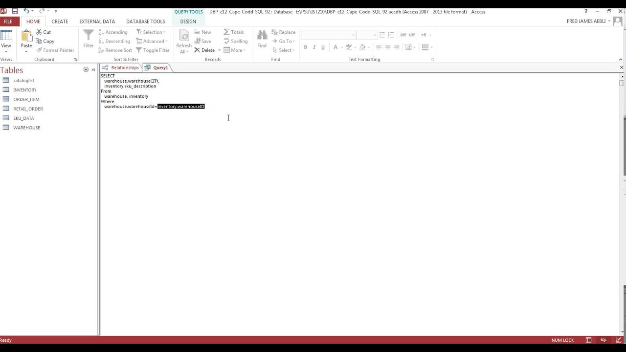 Microsoft Access 2013 - A Simple SQL Select Statement using an Implicit Join