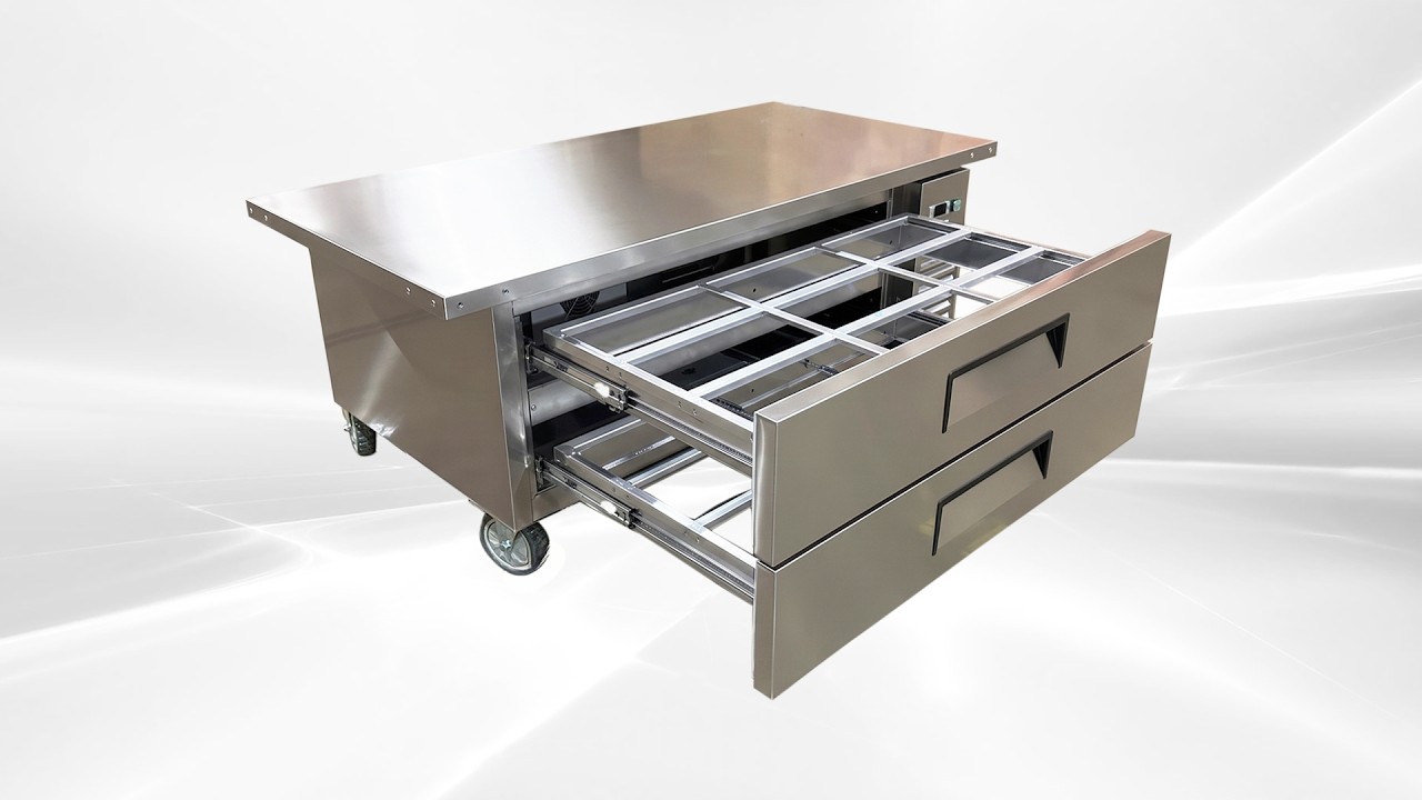 NSF Kitchen equipment: 60-inch Two drawer-style refrigerator, Stainless Steel countertop KAR-60B