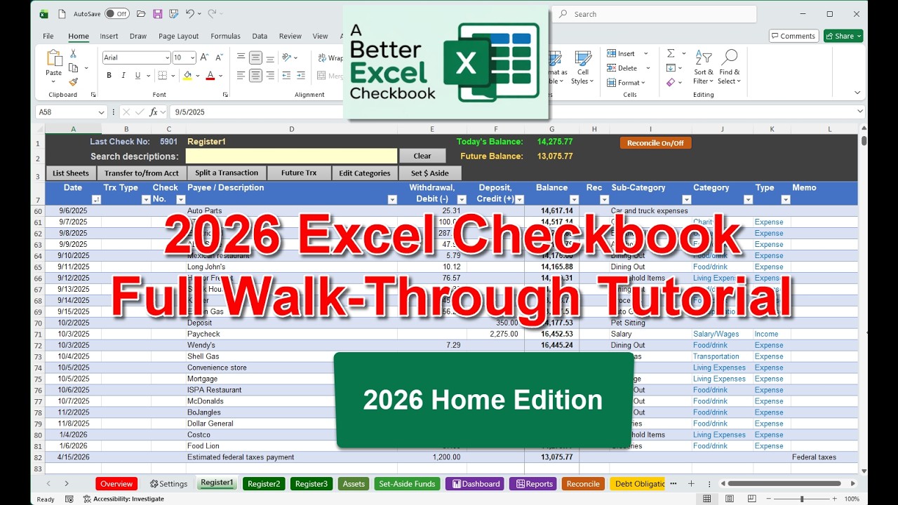 Excel Checkbook for Home (2026) - Full Walk-through Video