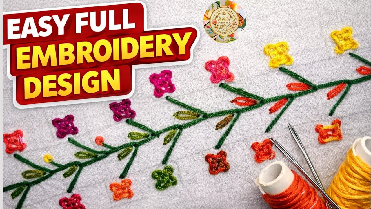 Cute Square Flower Border Embroidery Design for Beginners | Easy Border Embroidery You Can Try Today