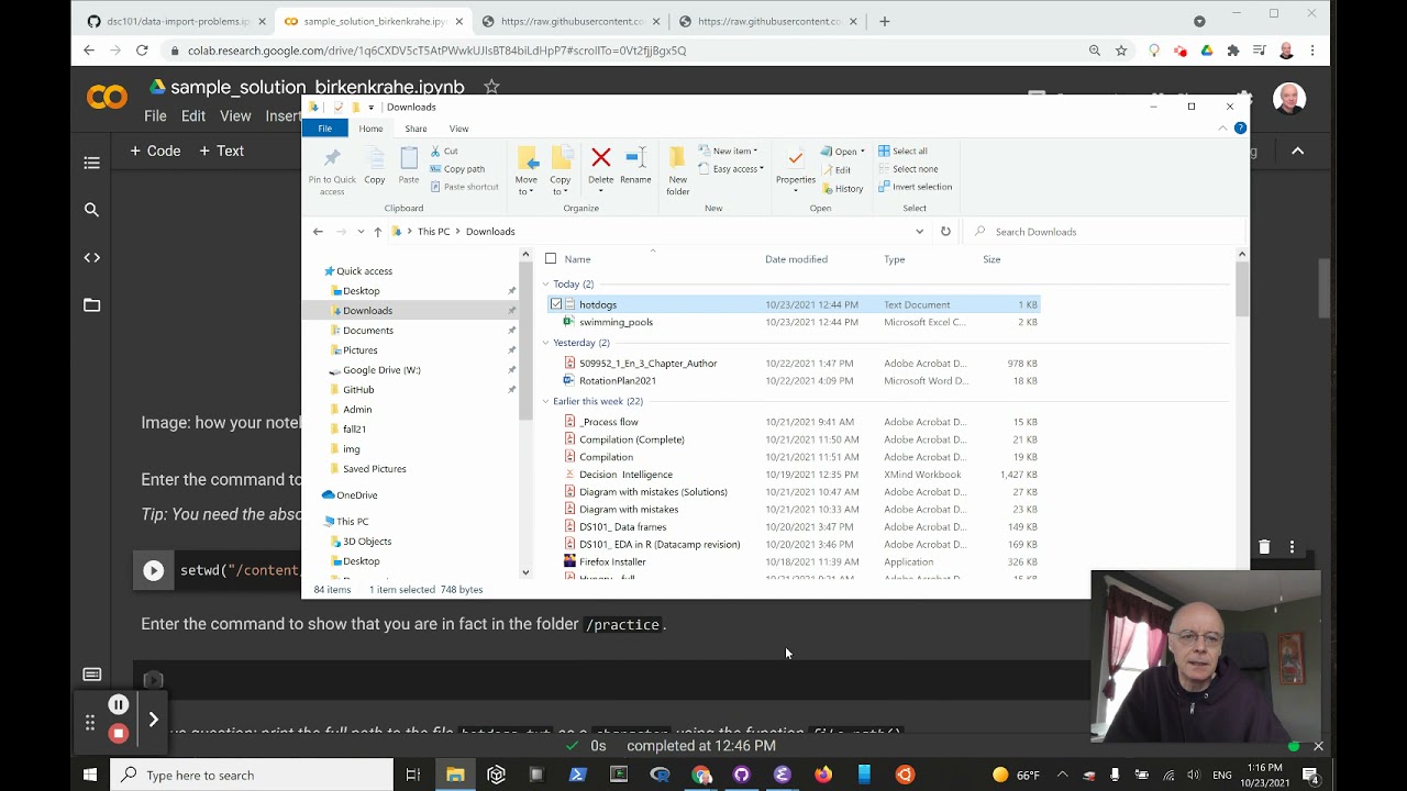 Data import - Google Colab notebook navigation, setting working directory, and file.path