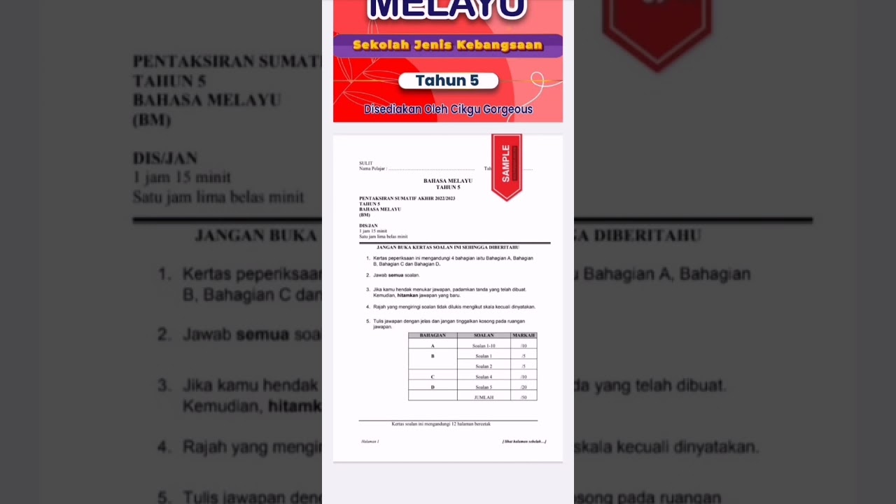 1 SET KERTAS PENTAKSIRAN SUMATIF AKHIR 2022/2023 BAHASA MELAYU SJK TAHUN 5 (FORMAT TERKINI UASA)