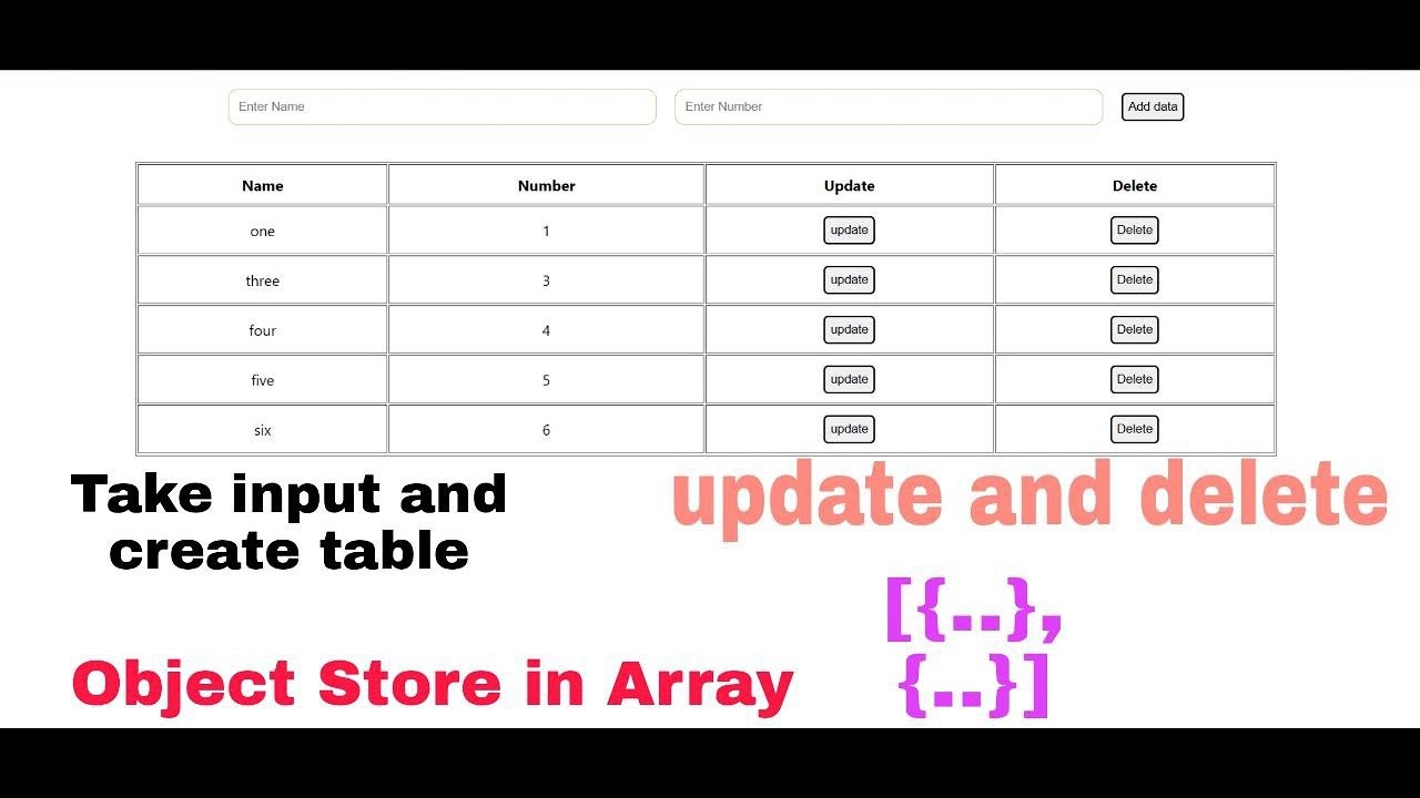 Take value form user and make table || Edit  and Delete data from table || Object store in Array