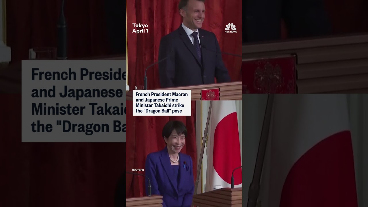 French President Macron and Japanese Prime Minister Takaichi strike the 'Dragon Ball' pose