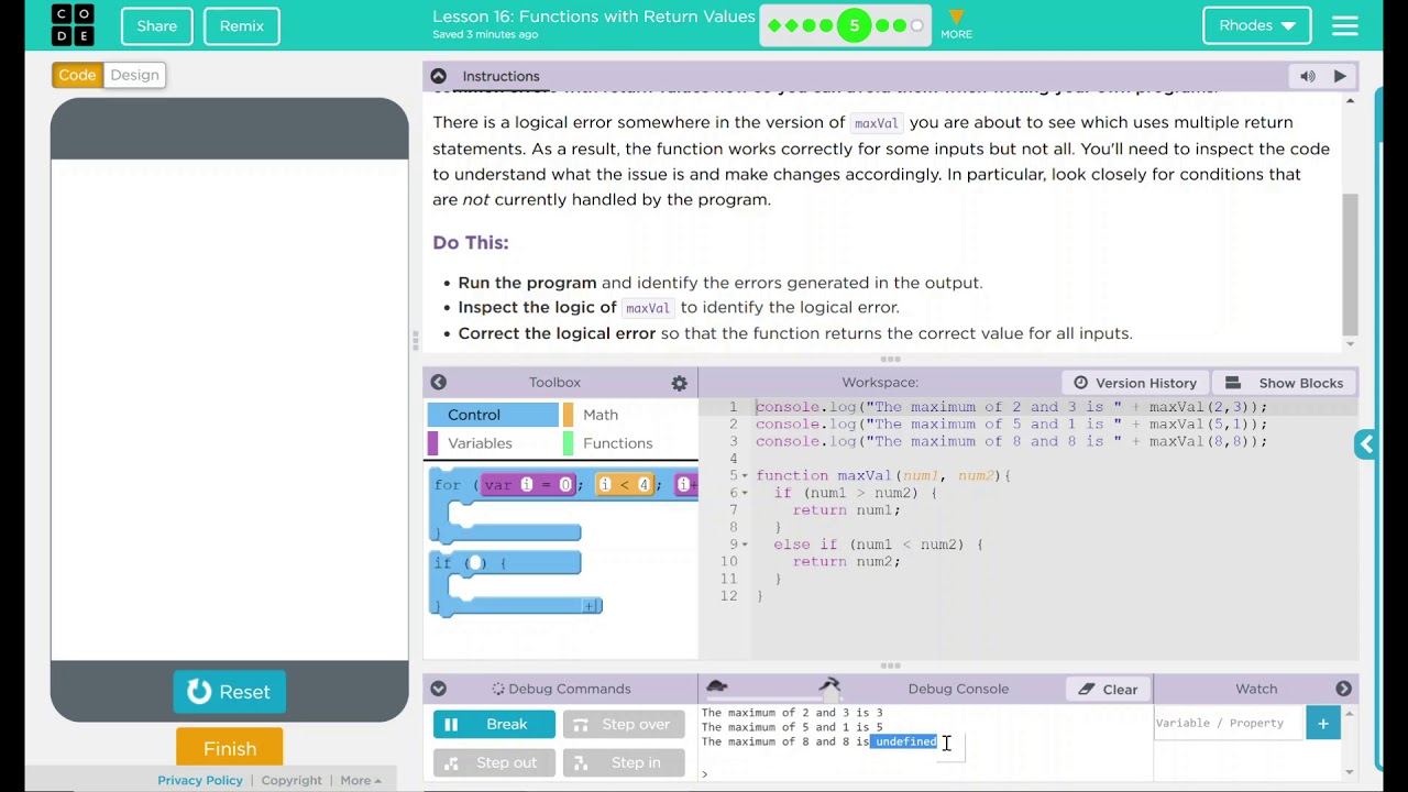 Unit 5 - Lesson 16 #5: Debugging And Multiple Return Statements