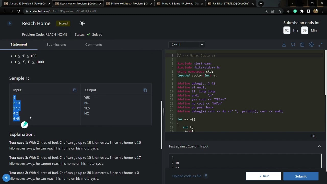 Reach Home   Problems   CodeChef   Google Chrome 2023 03 22 20 20 13