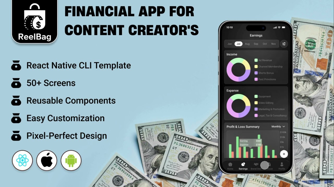 Content Creator Earnings & Brand Deal Tracker React Native App UI Kit