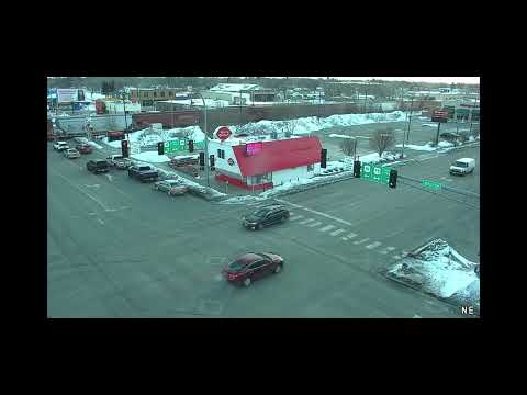 Eastbound BNSF grain train with a GECX trailing at Moorhead, MN on MNDOT traffic cameras 3/30/23