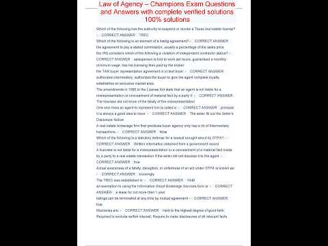 Law of Agency – Champions Exam Questions and Answers with complete verified solutions 100% solutions
