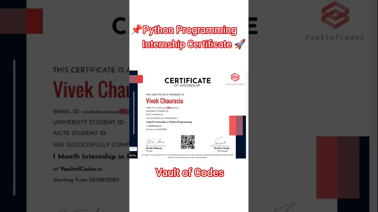 Python Internship ✅ Vault of Code Certificate Unlocked! #Python#Internship#Coding #certificate#viral