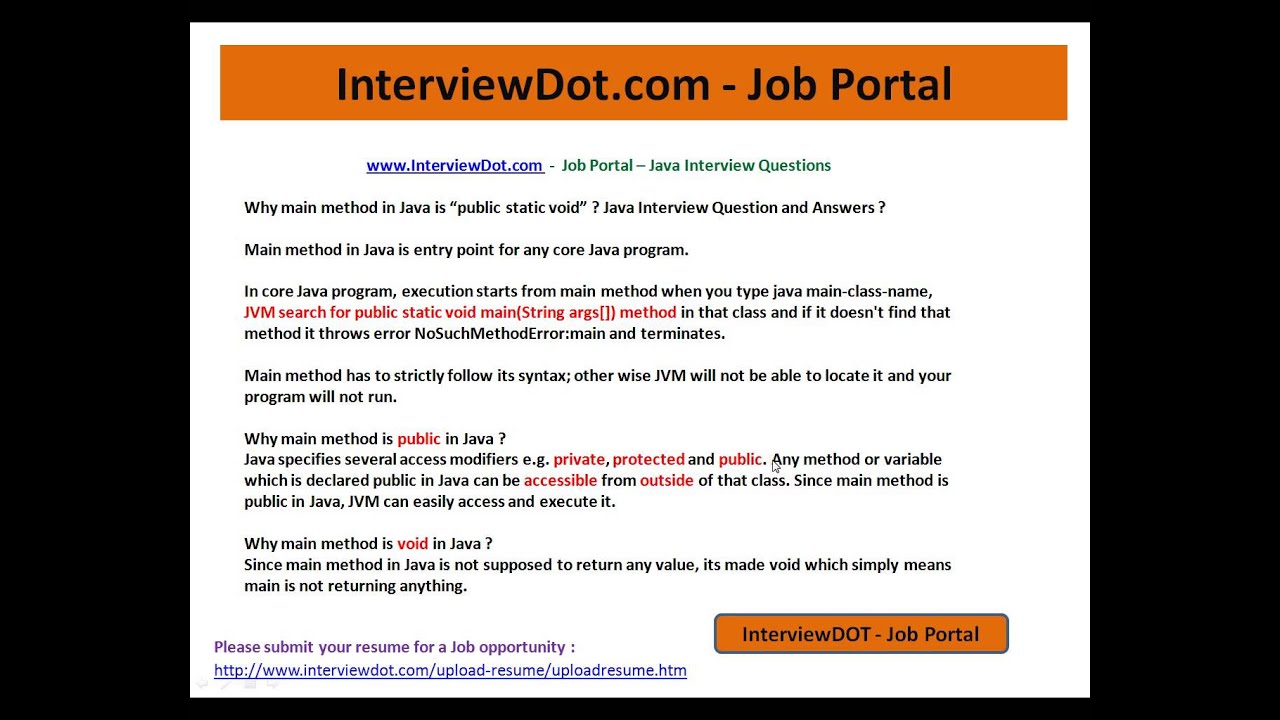 Java Interview Question And Answer Java Main Method Public Static Void Why Explain