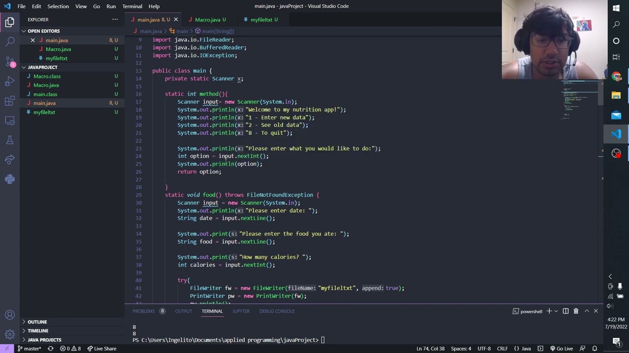 Java food tracker program demo