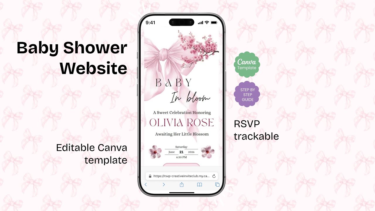 Pink Bow Baby In Bloom Shower Invitation, Editable Canva Baby, RSVP, Music Countdown, Cherry Blossom