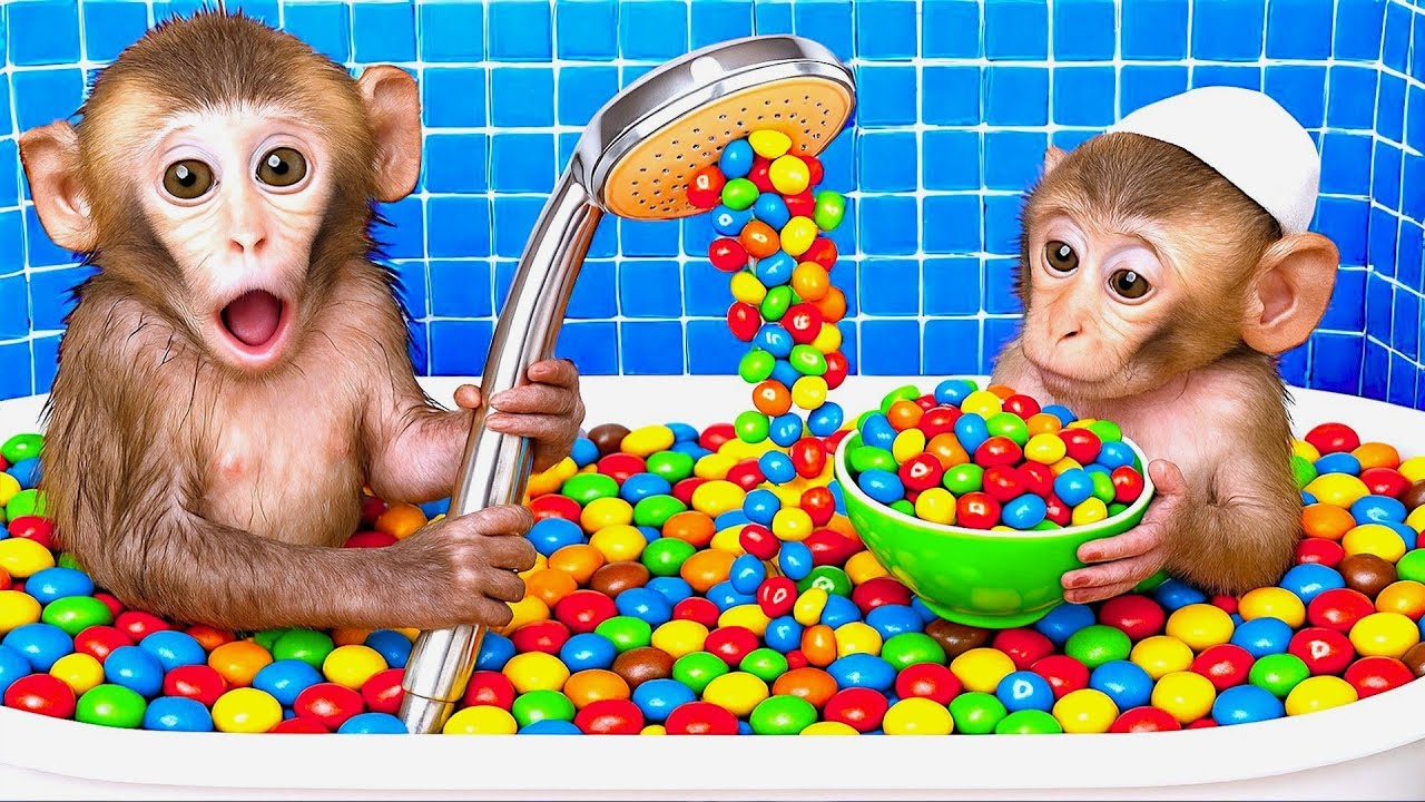 Monkey YoYo Bathes with Baby Monkey in Rainbow Bathtub Full of M&M Candies! 🌈🛁🍬 | MONKEY YOYO