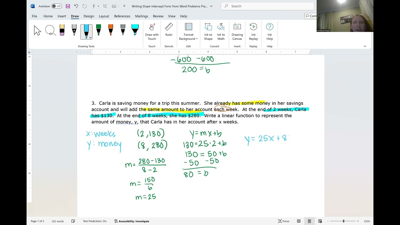 Walkthrough - Slope-Intercept Form Word Problems Practice Sheet