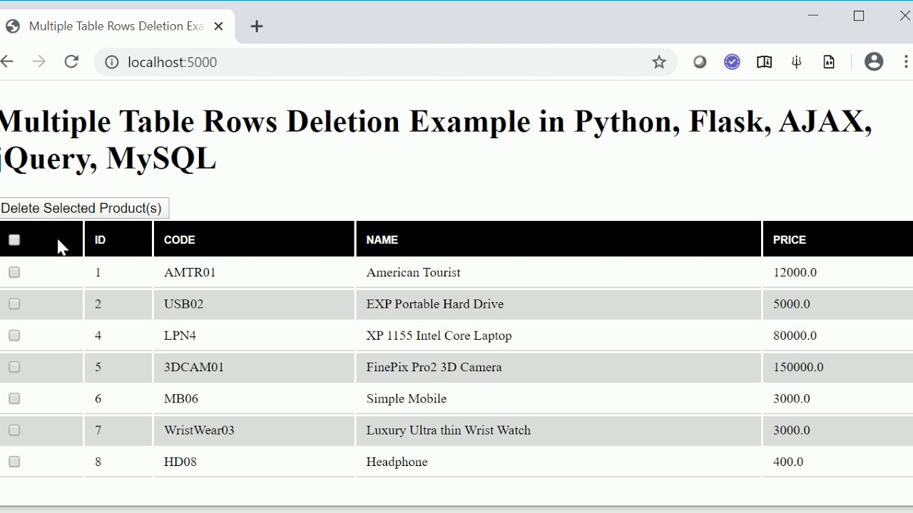 Delete Multiple Rows from Table using Python, Flask, MySQL, jQuery, AJAX