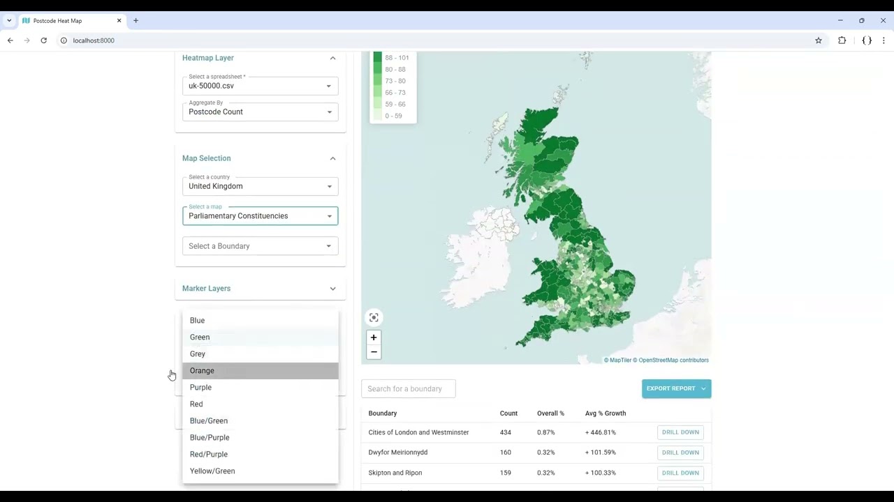 Easily create a UK postcode heatmap by parliamentary constituencies