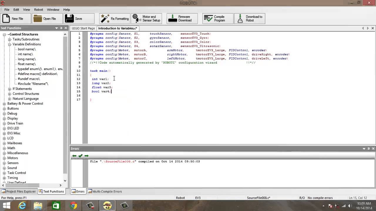 RobotC Introduction to variable types and declaration EN