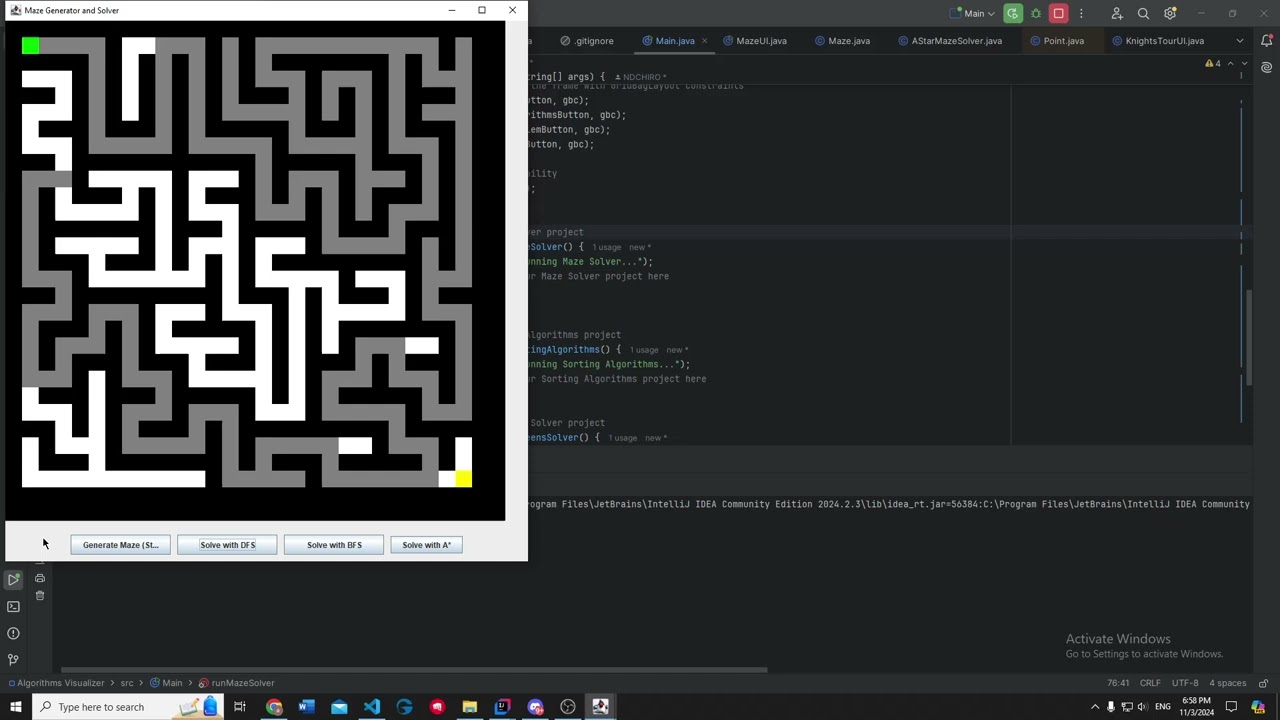 Maze Solver Visualizer in Java | DFS, BFS, A*