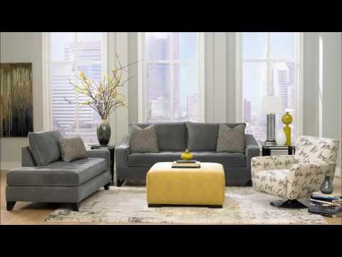 Contemporary Dark Blue Living Room With Yellow Pillow Accent