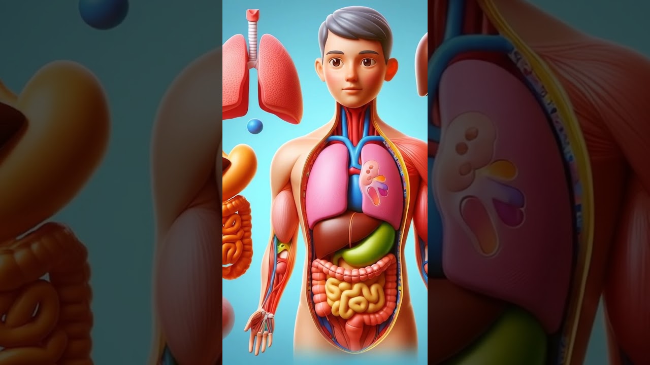 A realistic 3D cross-section anatomical illustration of the human body showing internal organs.