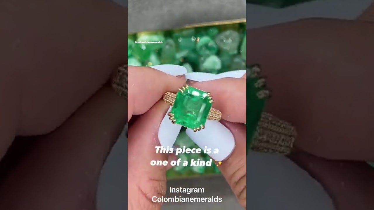 7.42tcw large apple green Colombian emerald and triple diamond pave band 18K gold engagement ring