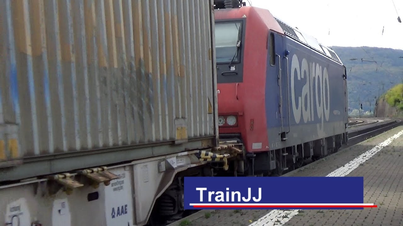 Long intermodal container train SBB CARGO Re 482-007-2 | AAE Wagons | Rüdesheim | Rhein | Rhine
