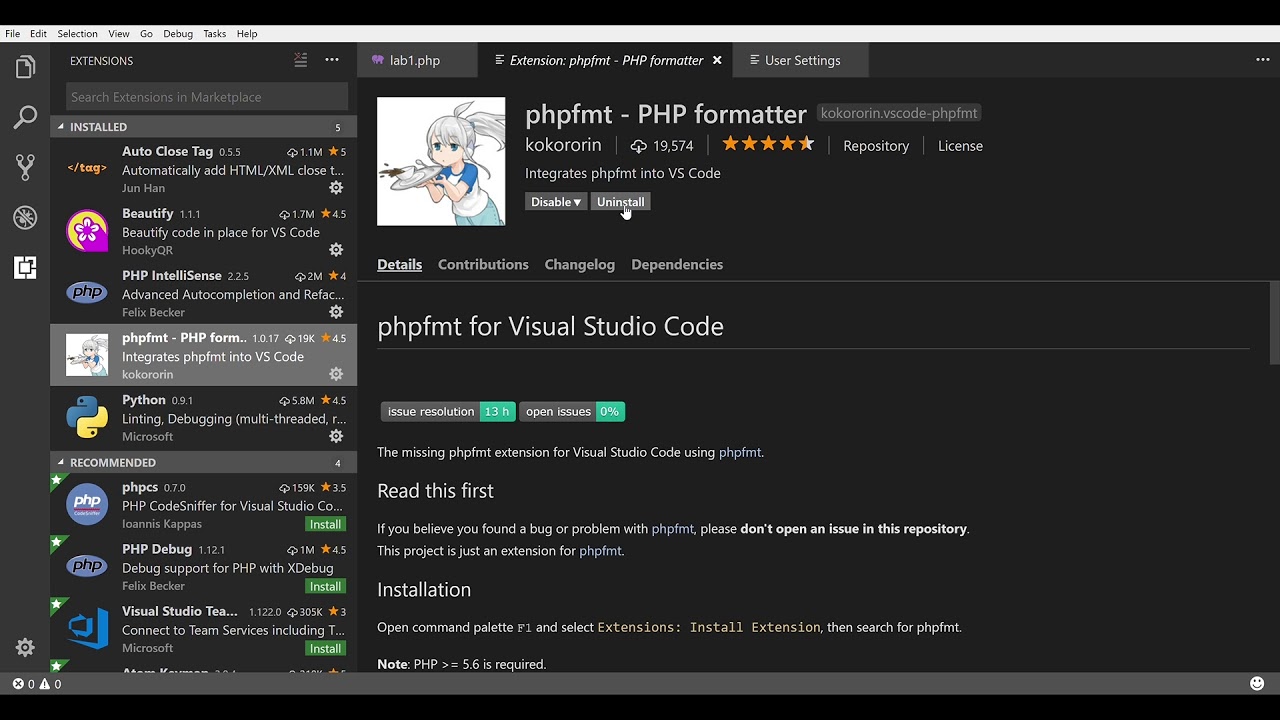 Tutorial for Setting up phpfmt extension for Visual Studio Code